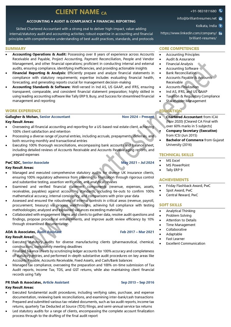 CA Firm Work Experience in Resume Template, Examples & Sample ...